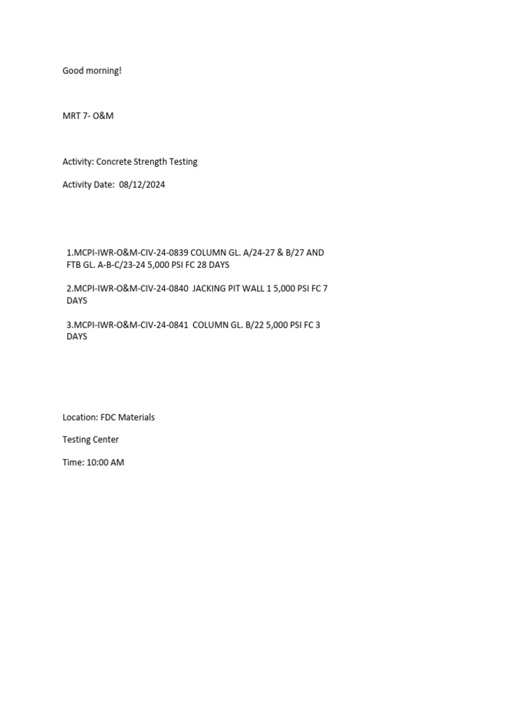 MRT 7 Concrete Strength Testing Schedule | PDF