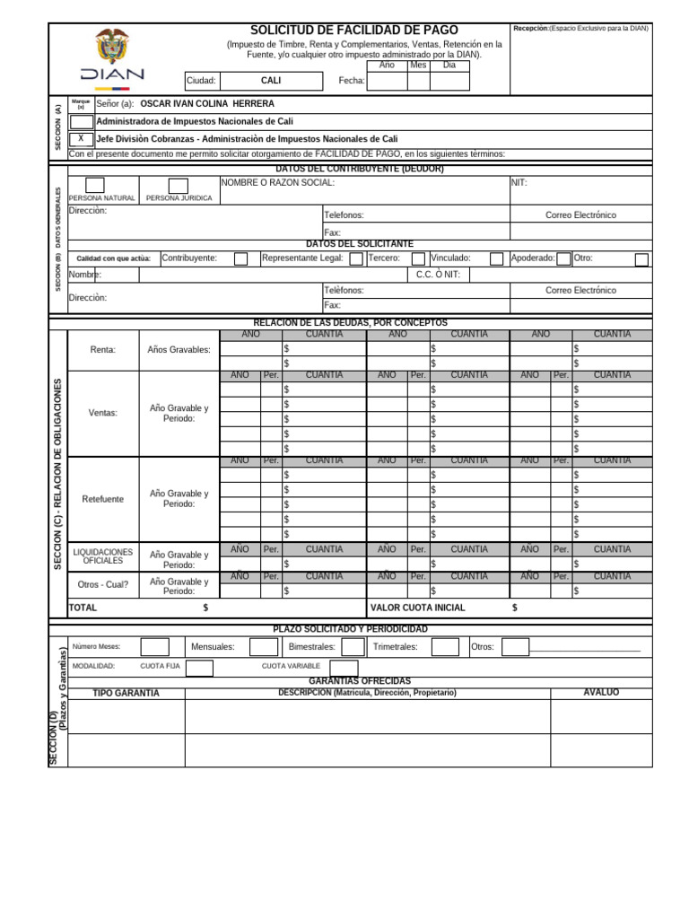 Formato Solicitud Facilidad de Pago Dian | PDF