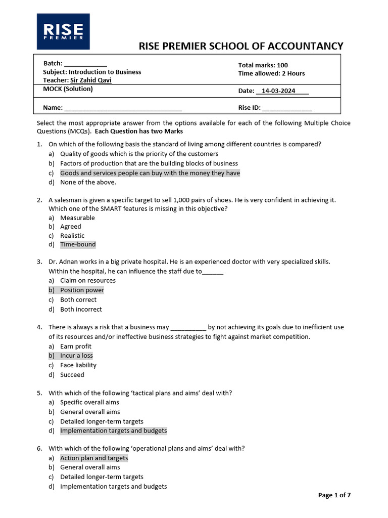 Mock ITB Sir Zahid Qavi (With Solution) | PDF | Brand | Partnership