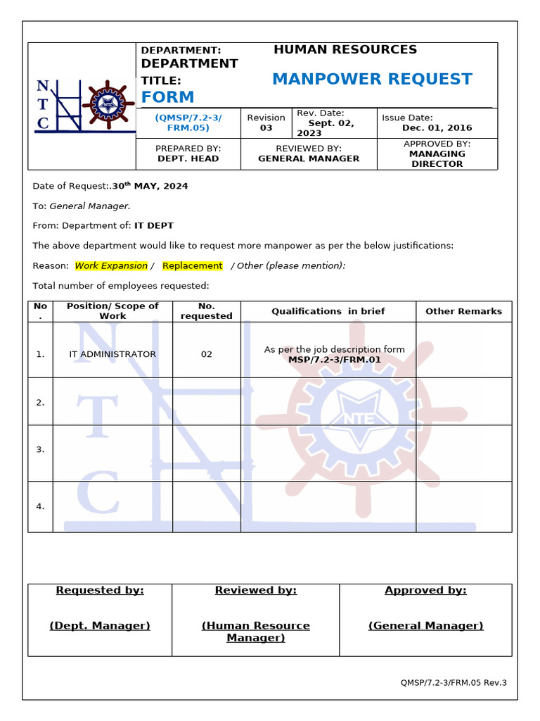 Manpower Request Form Empty | PDF | Employee Relations | Human Resource ...