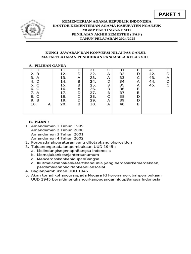 KUNCI JAWABAN PKN KLS 8 PAKET 01 | PDF