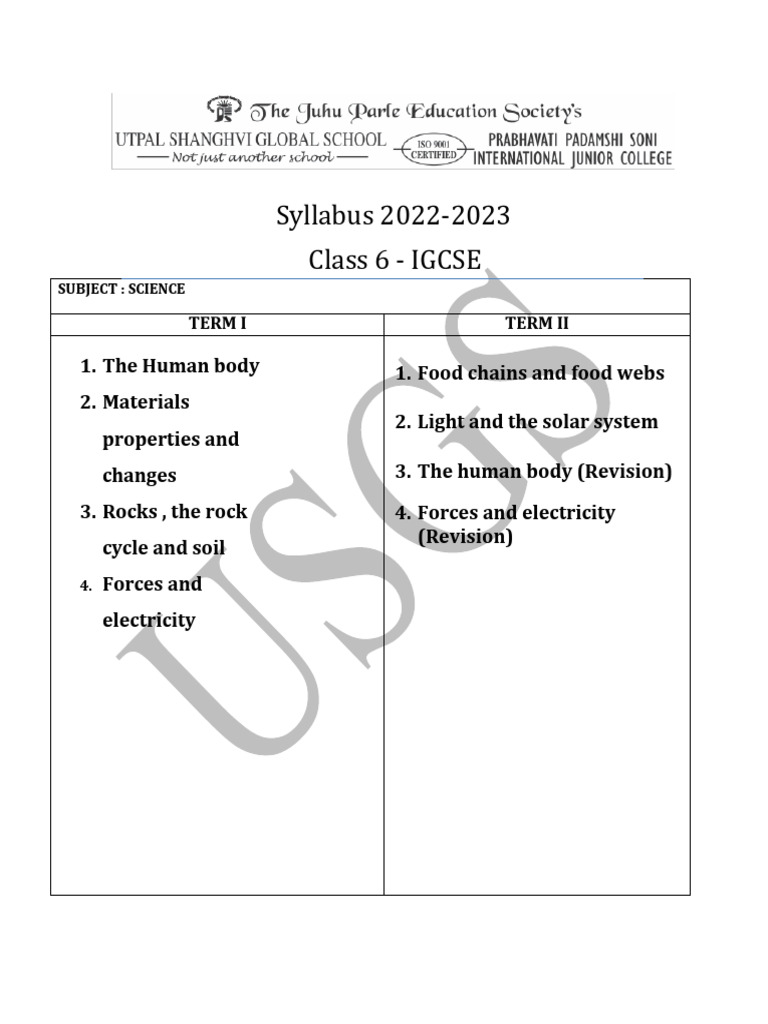 Class 6 IGCSE Science Syllabus 2022-2023 | PDF