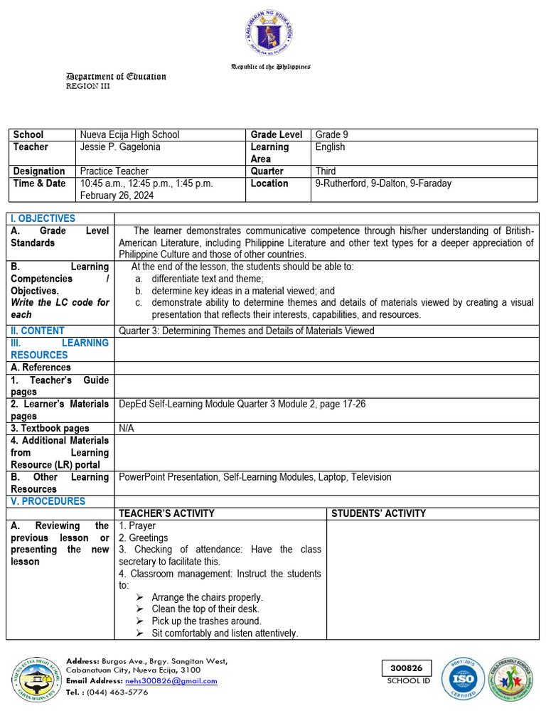 Grade 9 English Lesson Plan: Themes | PDF | Learning | Teachers