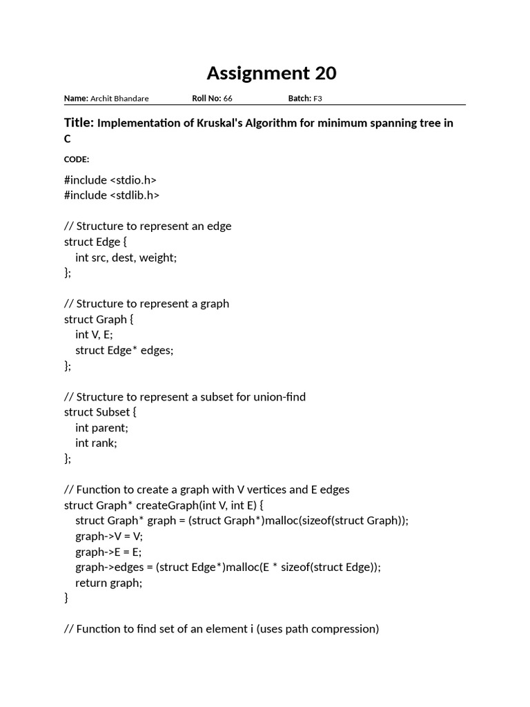 Kruskal's Algorithm for minimum spanning tree | PDF | Discrete ...