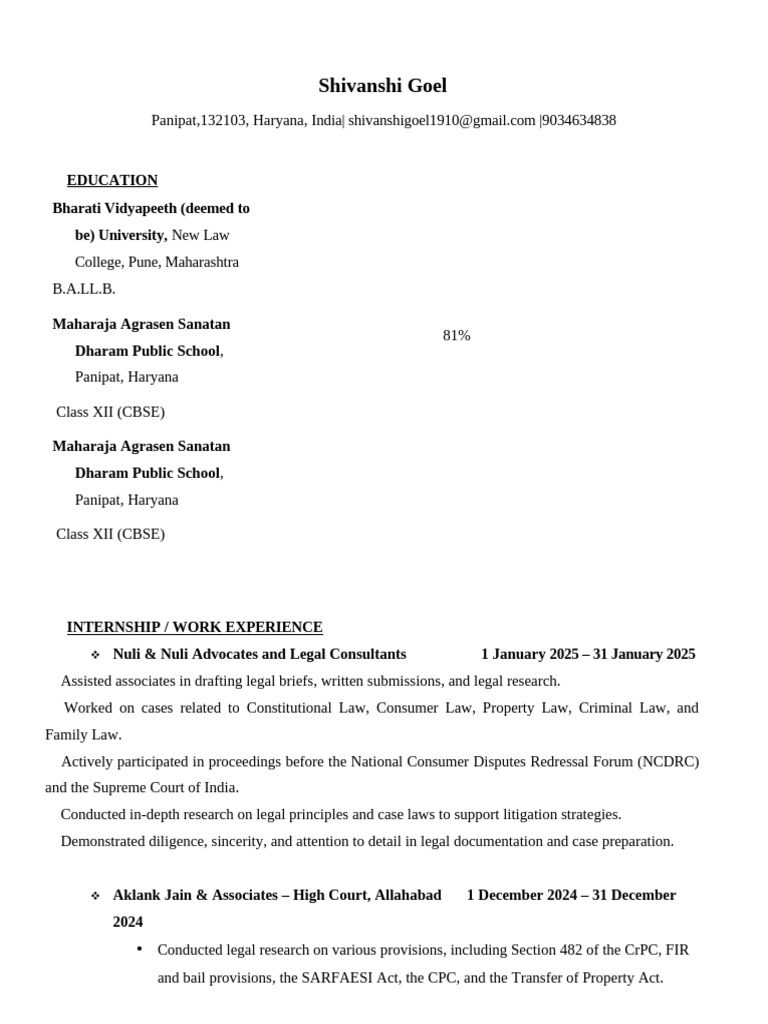 Shivanshi Goel CV (Amended) | PDF | Arbitration | Justice