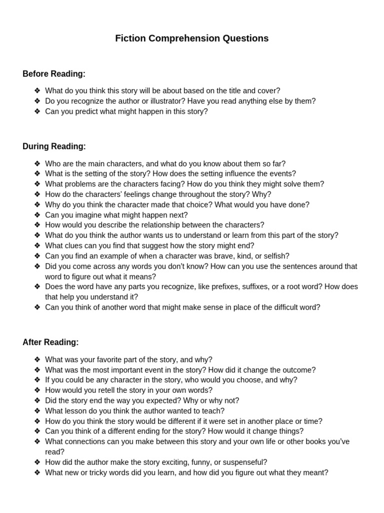 Fiction and Nonfiction Comprehension Questions | PDF | Reading ...