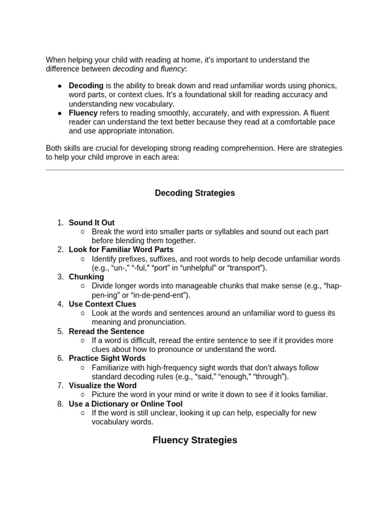 At Home Decoding & Fluency Strategies | PDF | Learning | Human ...