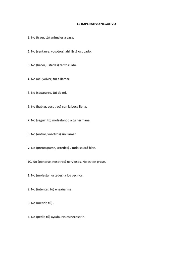 Ejercicios de Imperativo Negativo | PDF