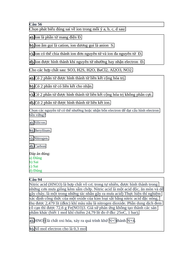 Hóa trắc nghiệm ôn ck1 | PDF