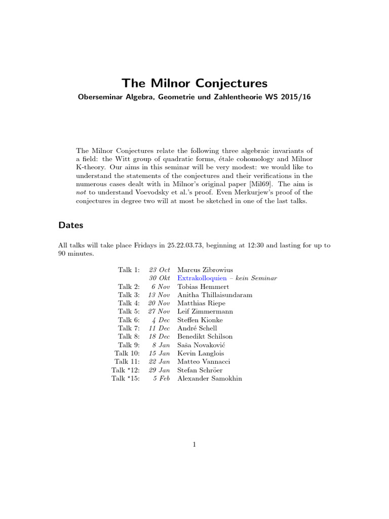 Programme_Milnor-Conjectures_WS1516 | PDF | Field (Mathematics) | Ring ...