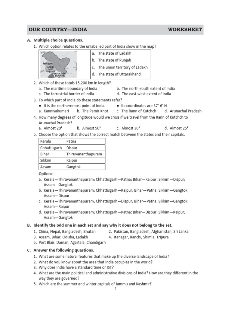 Our Country Workwsheet (SST) For Class 6 | PDF
