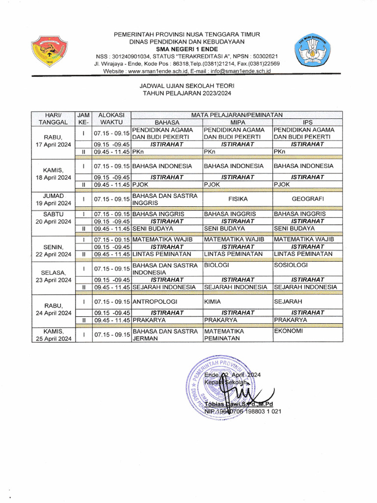 Roster Ujian Sekolah.2024 | PDF
