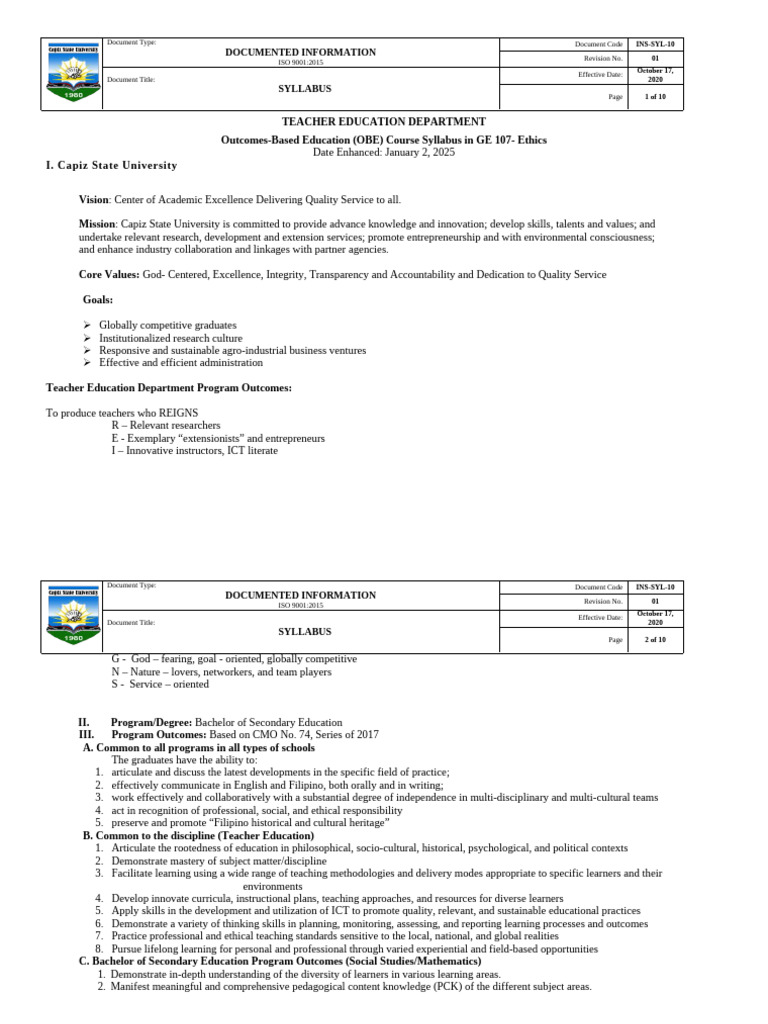 Ethics Syllabus BSED 2024 2025 | PDF | Learning | Morality