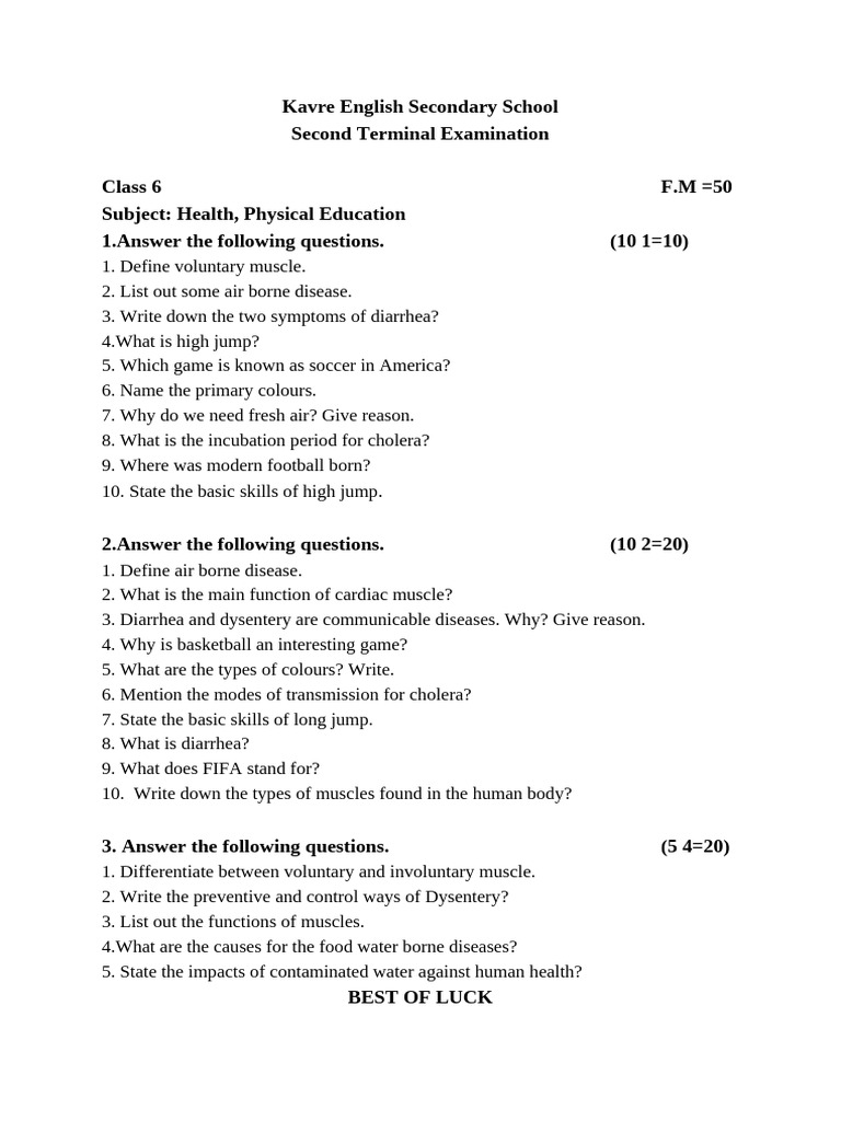 Class 6 Health & PE Exam Questions | PDF