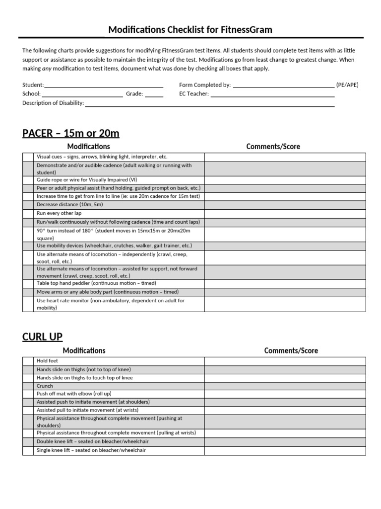 Fitnessgram Checklist Revised | PDF