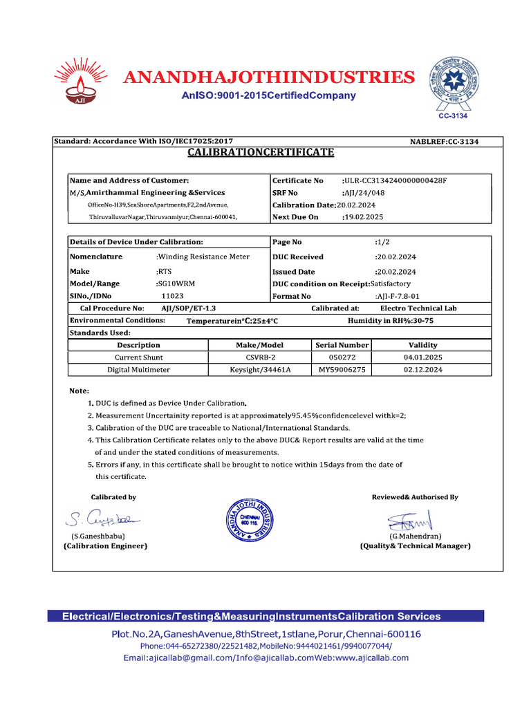 RTS WRM SL - No 11023 Calibration | PDF