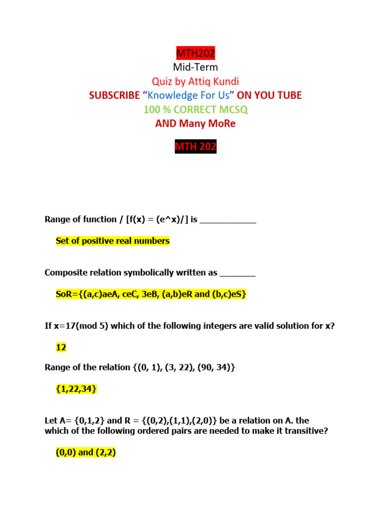 MTH202 MID-Term by Attiq Kundi-Updated On 13-June-2022 | PDF | Function (Mathematics) | Set ...