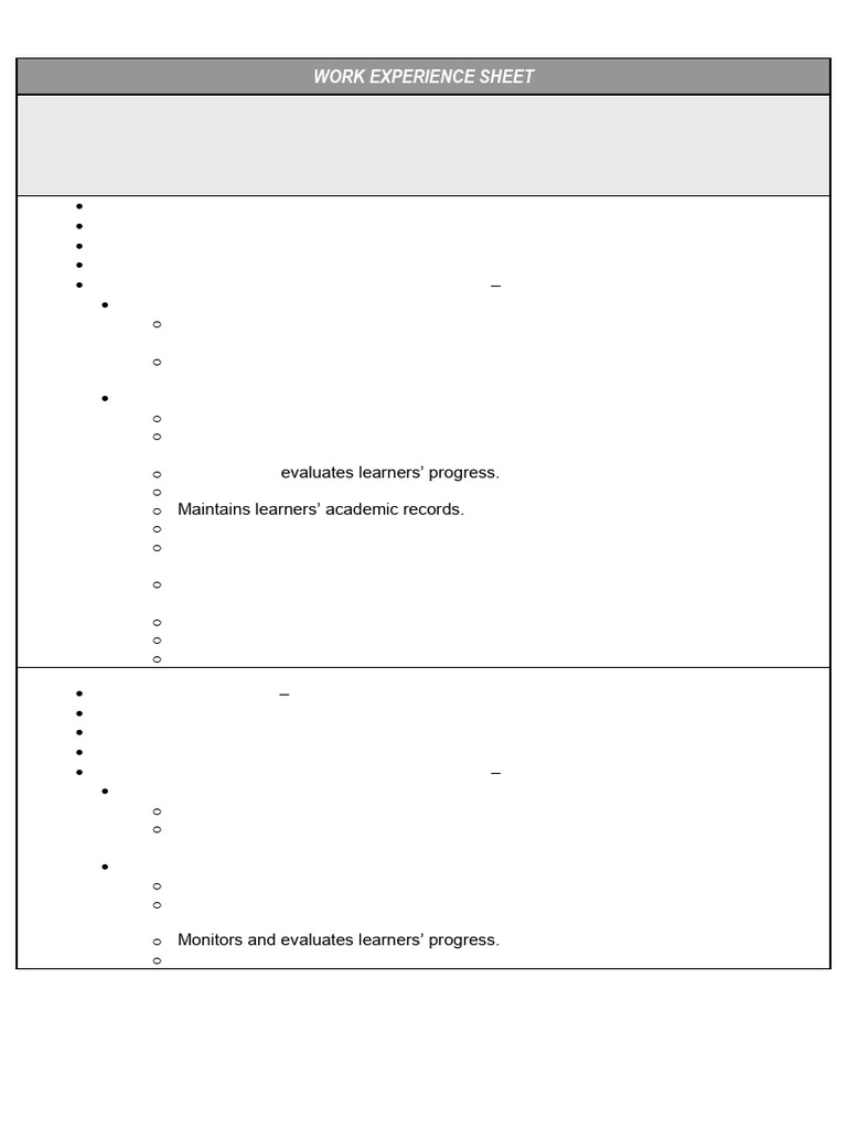 Sample Work Experience Sheet | PDF | Educational Technology | Classroom ...