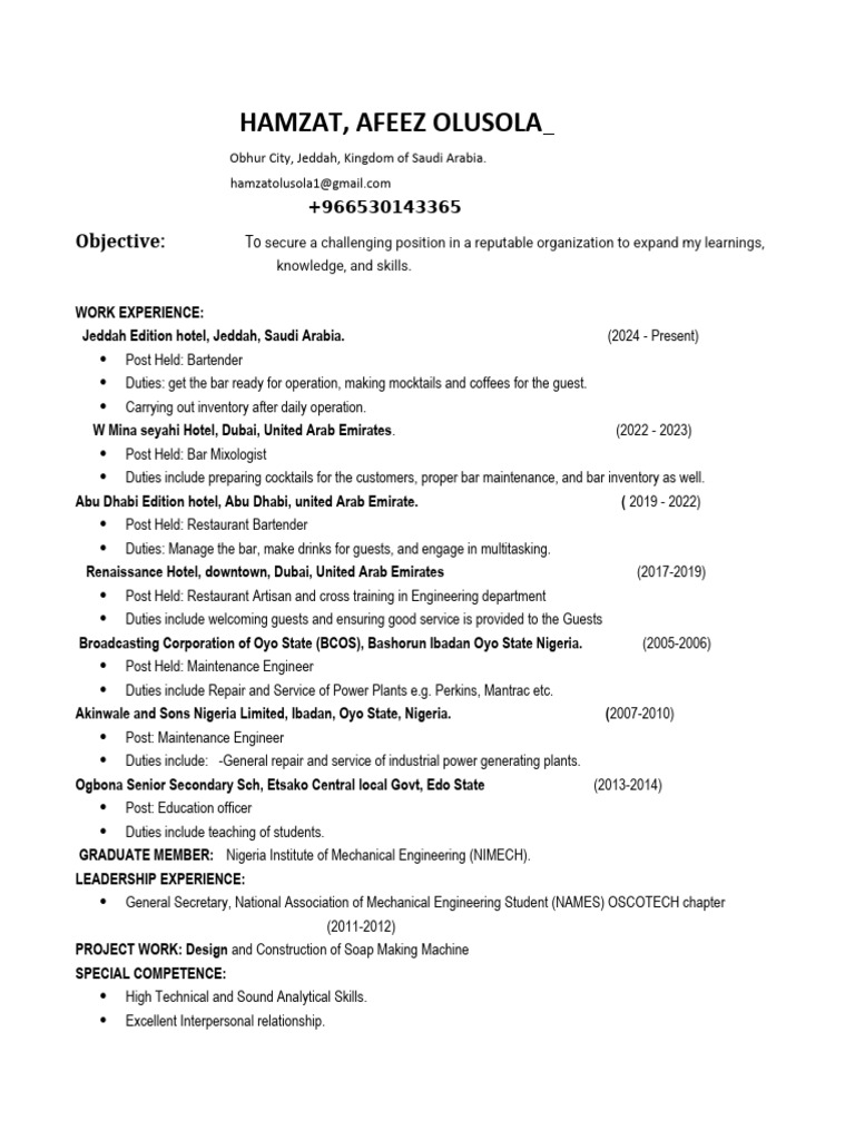 Hamzat Afeez Olusola Gen | PDF | Bartender