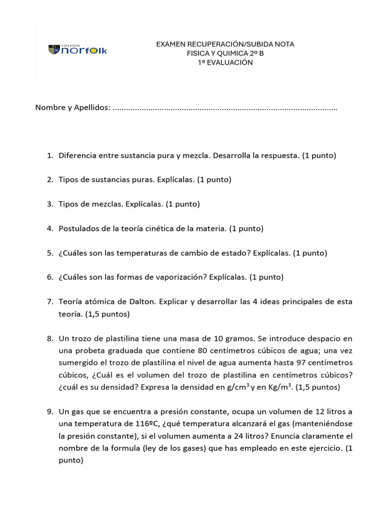 EXAMEN RECUPERACION FyQ 2ºESO 1 Ev | PDF