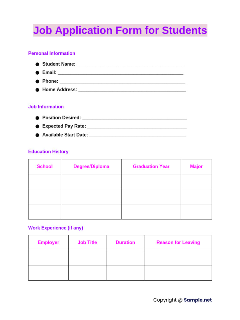 Job Application Form For Students | PDF