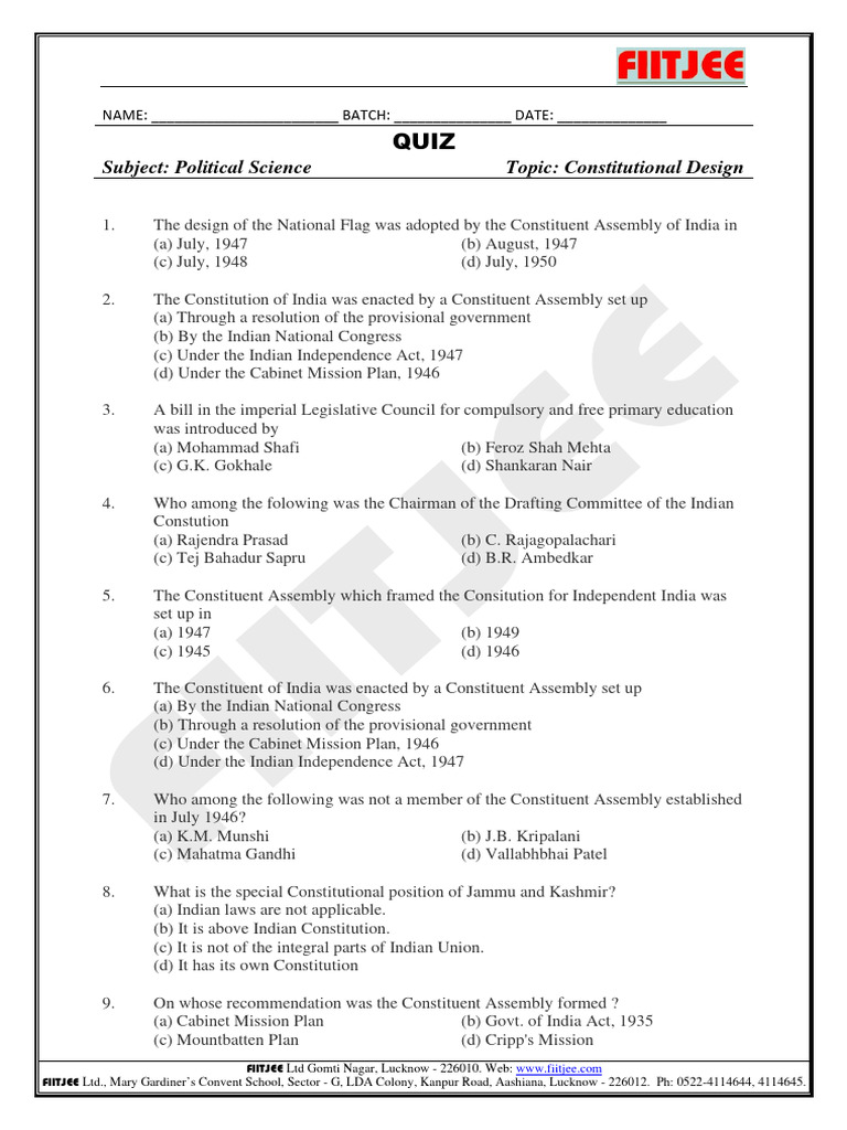 Political Science Quiz on Indian Constitution | PDF | Supreme Court Of ...