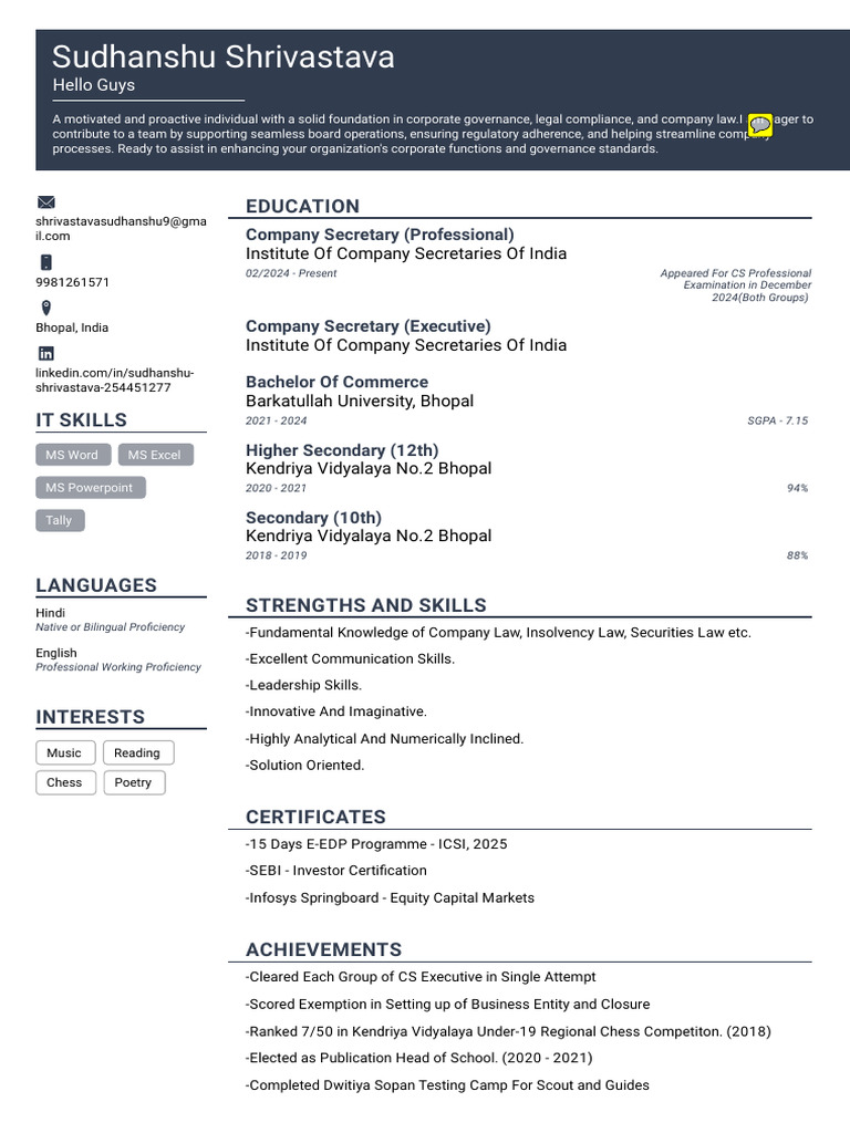 Sudhanshu Shrivastava (Cs Trainee) Resume | PDF