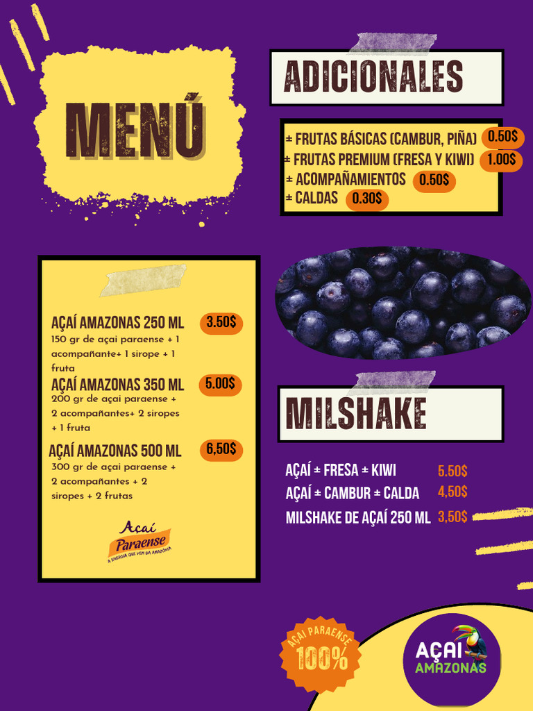 Menú de Milshake y Açaí Personalizados | PDF