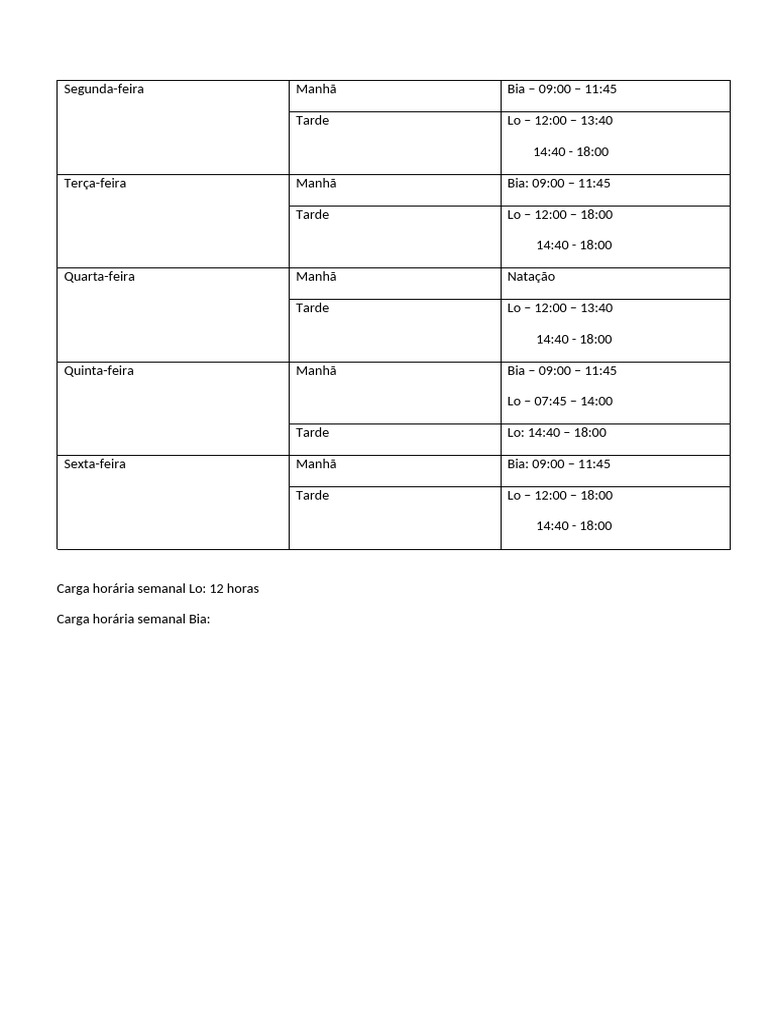 Horários Babás | PDF