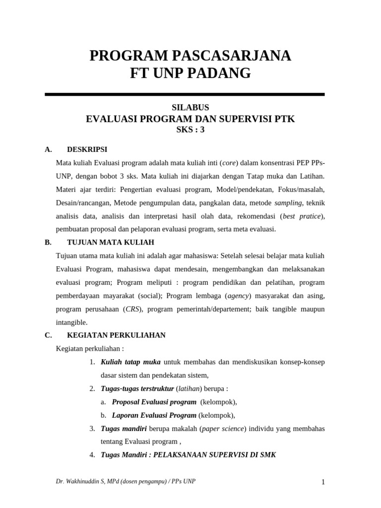 SILABUS EVALUAI PROGRAM DAN SUPERVISI PTK | PDF