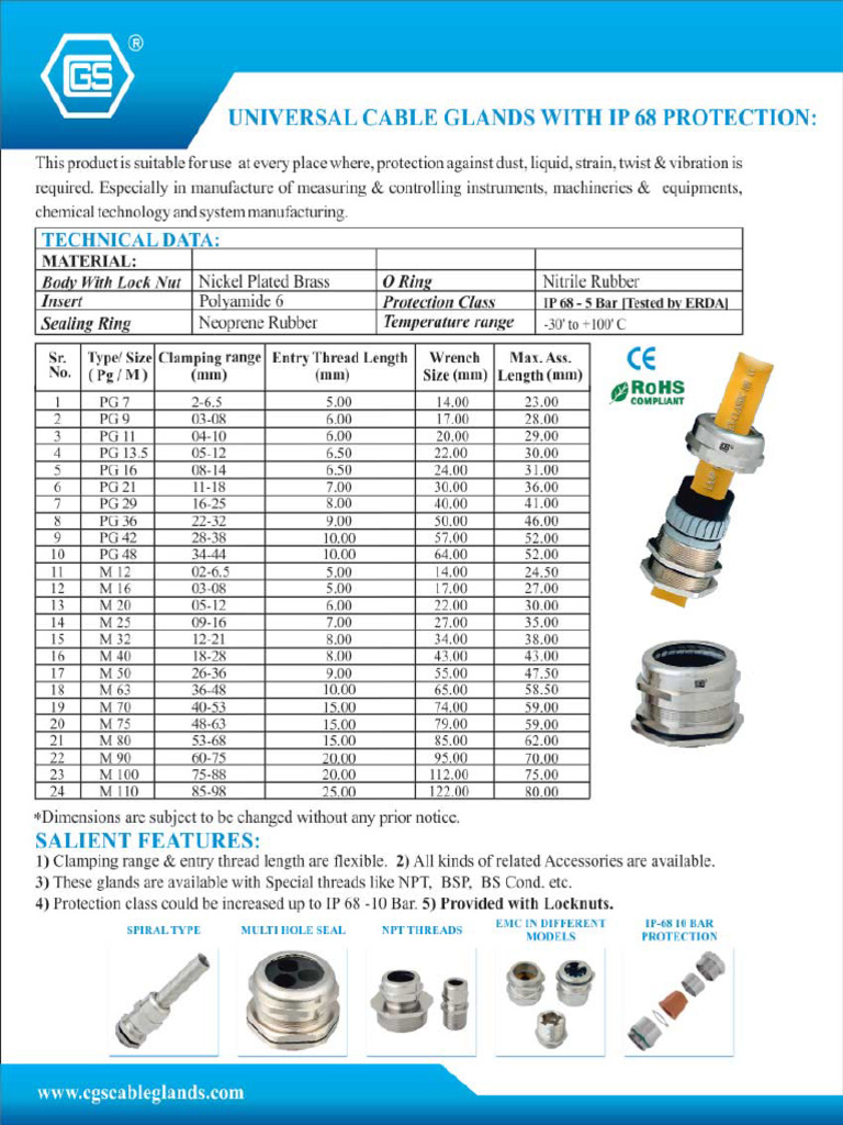 Sigma Ip 68 Brass Universal Cable Glands Data Sheet | PDF