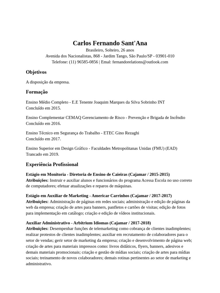 Currículo - Carlos Fernando Sant'Ana | PDF | Sistema operacional ...