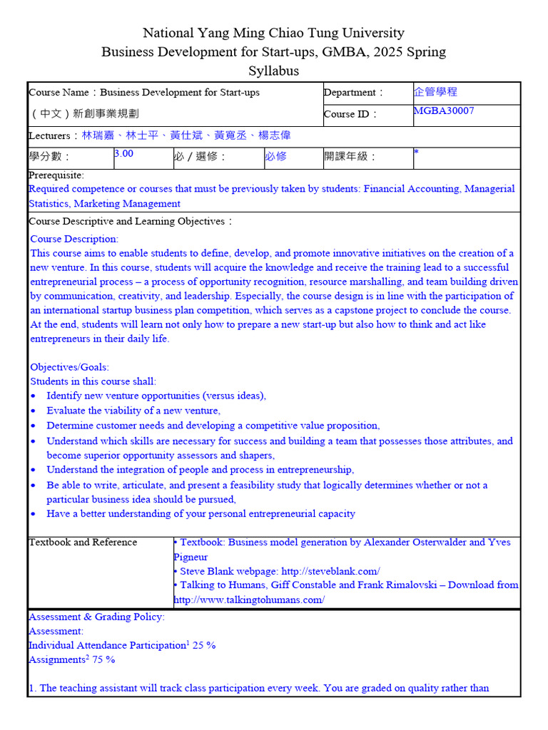 Start-up Business Development Course Syllabus | PDF | Entrepreneurship ...