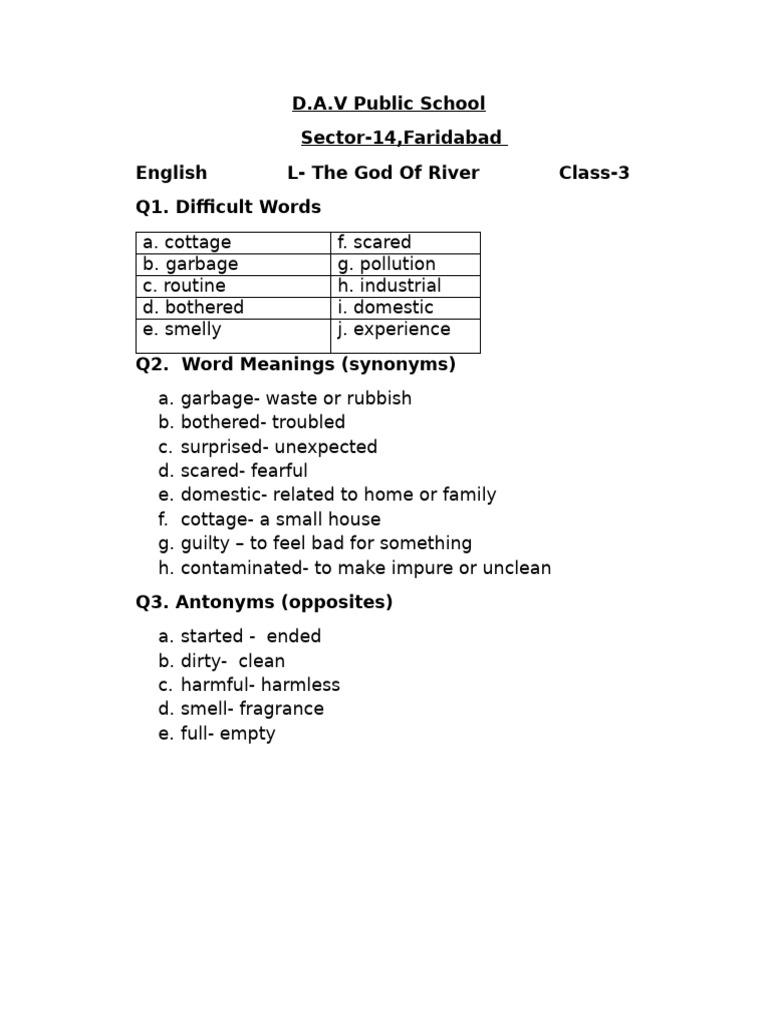 God of River Vocabulary for Class 3 | PDF