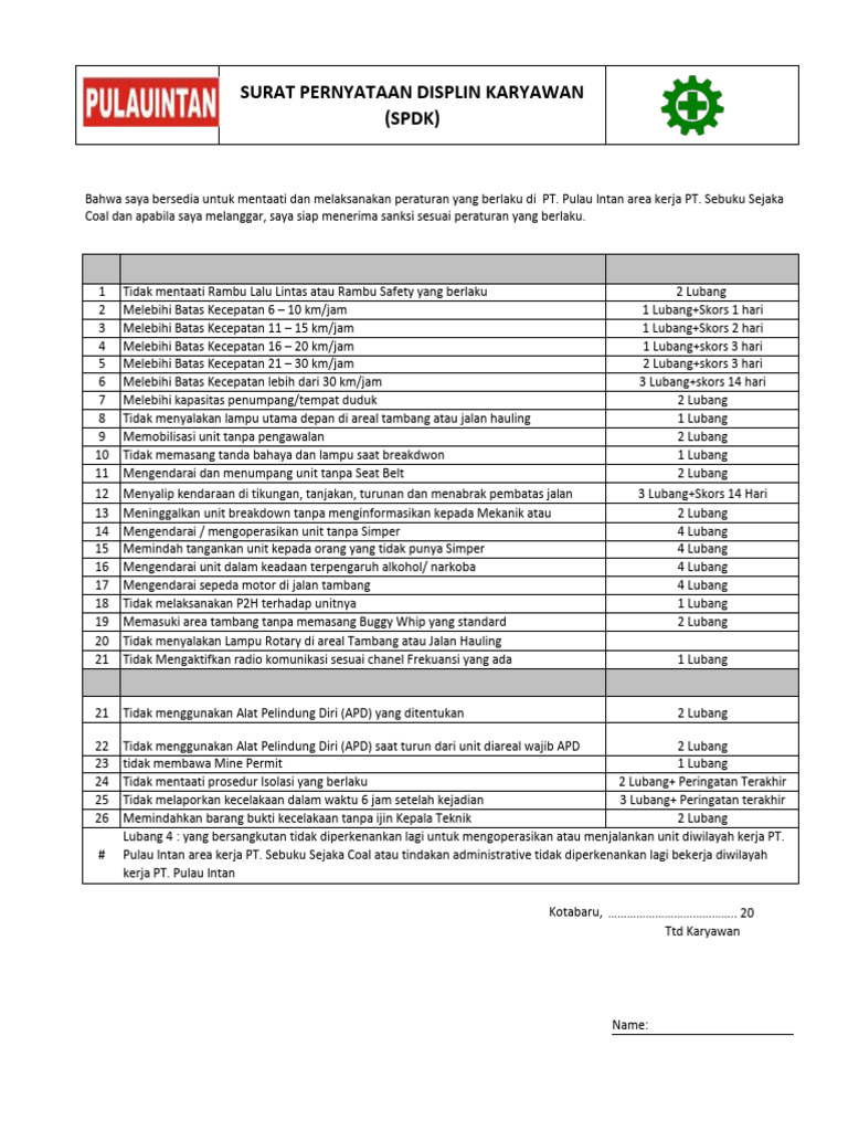SURAT PERNYATAAN DISPLIN KARYAWAN (SPDK) | PDF