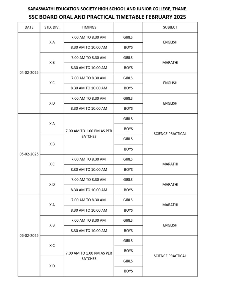 SSC Board and Practical Timetable | PDF | Languages Of India