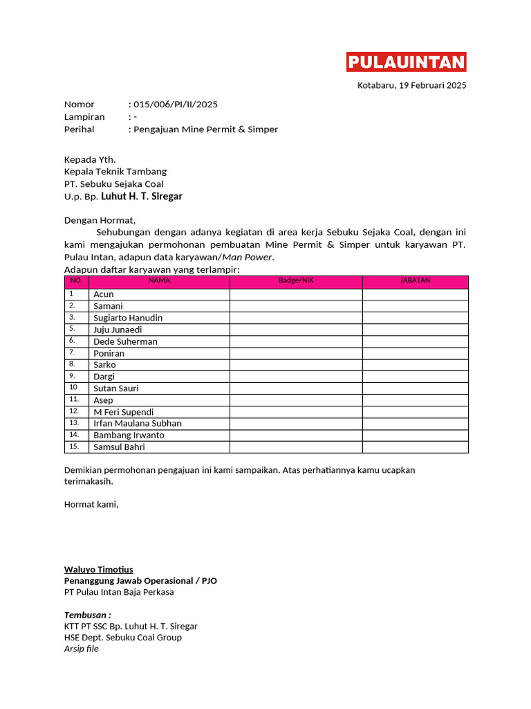 Surat Pengajuan Mine Permit Dan Simper KE - 2 | PDF