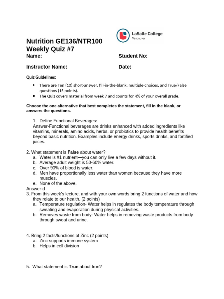 Nutrition Quiz: Week 7 Overview | PDF | Foods | Nutrition