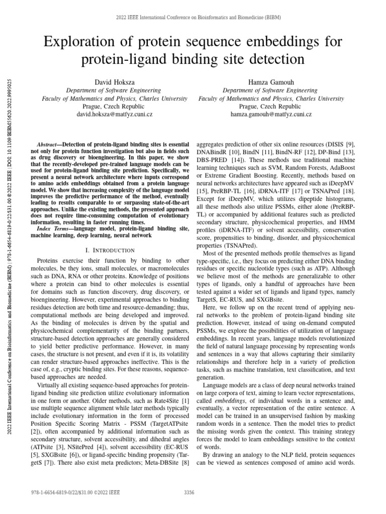 Exploration of Protein Sequence Embeddings For Protein-Ligand Binding Site Detection | PDF ...