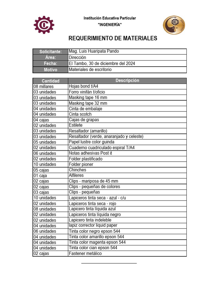 REQUERIMIENTO DE MATERIALES 2025 (1) | PDF