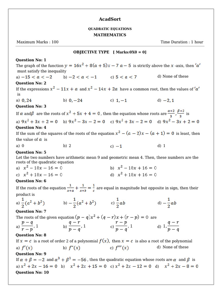 Quadratic Equations Test | PDF | Equations | Quadratic Equation