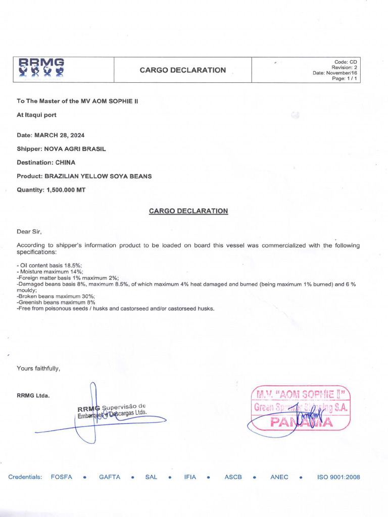 MV AOM SOPHIE II - CARGO DECLARATION & INFORMATION | PDF
