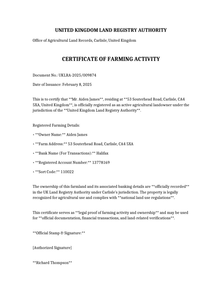 UK Farming Proof Certificate Aiden James | PDF