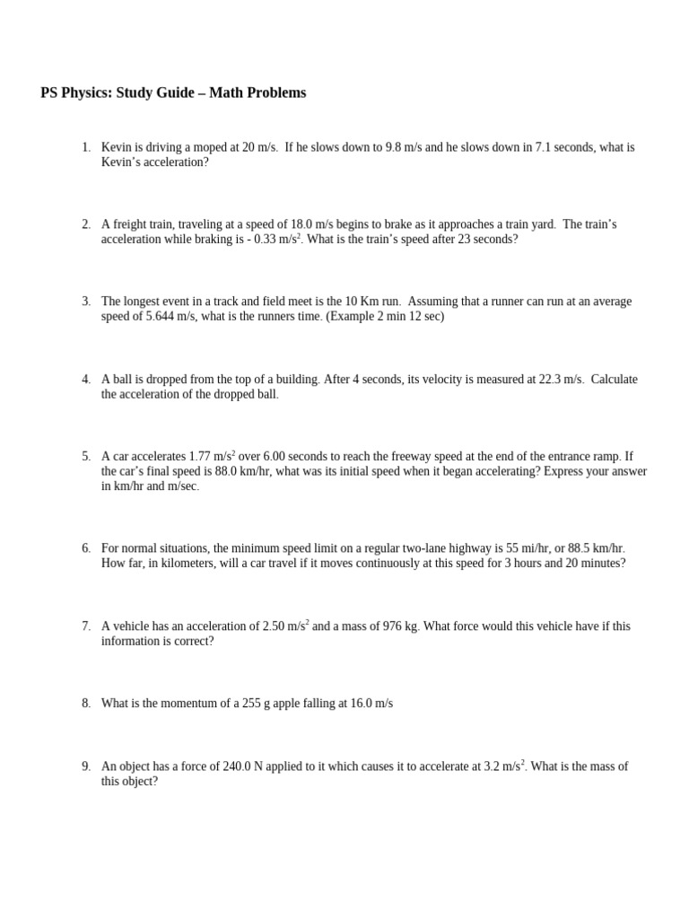 PS Physics Study Guide Problems | PDF | Headlamp | Speed