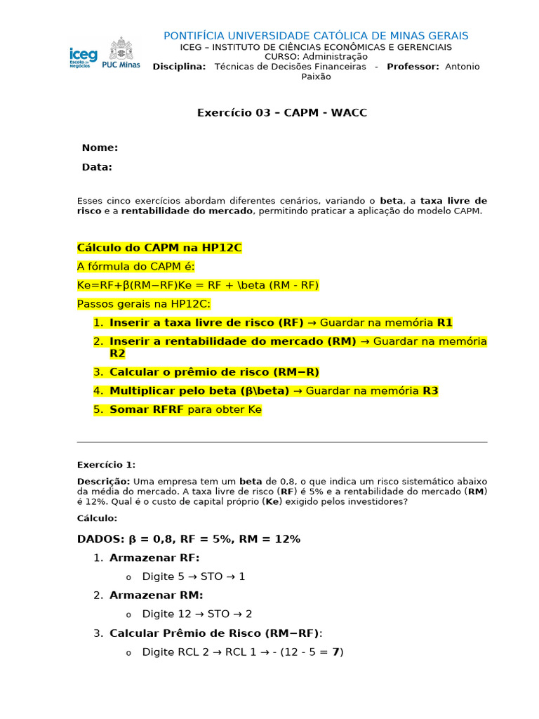 TDF 2025 1 Ex.03 CAPM WACC | PDF | Modelo de Precificação de Ativos ...