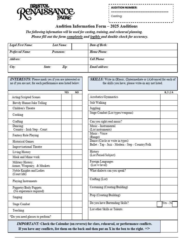 Audition Information Form - 2025 Auditions | PDF | Audition | Oral Literature