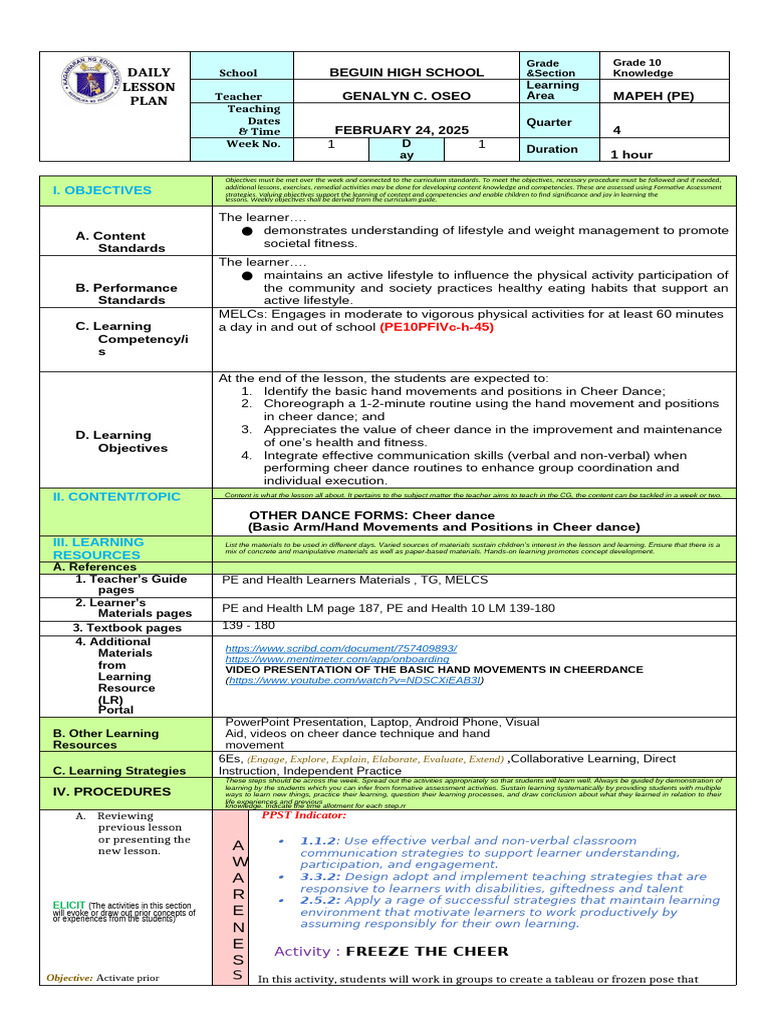 Cheer Dance Lesson Plan Overview | PDF | Physical Education | Learning