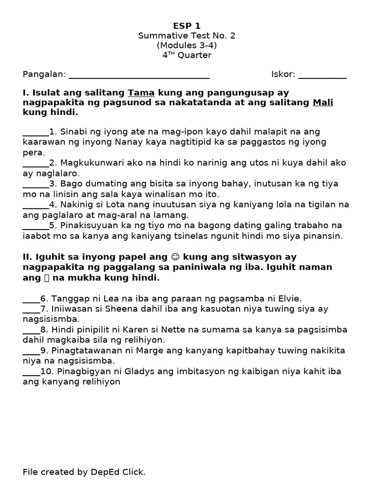Esp 1 - Q4 - ST2 | PDF