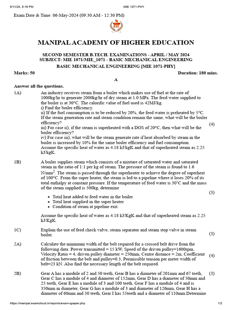 Basic Mechanical Engineeering (MIE 1071) | PDF | Belt (Mechanical) | Gear