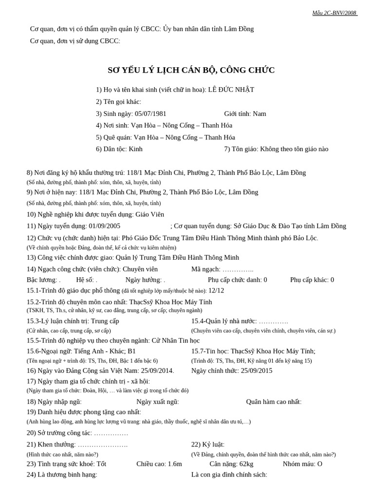Sơ yếu lý lịch (Mẫu 2C-BNV - 2008) | PDF
